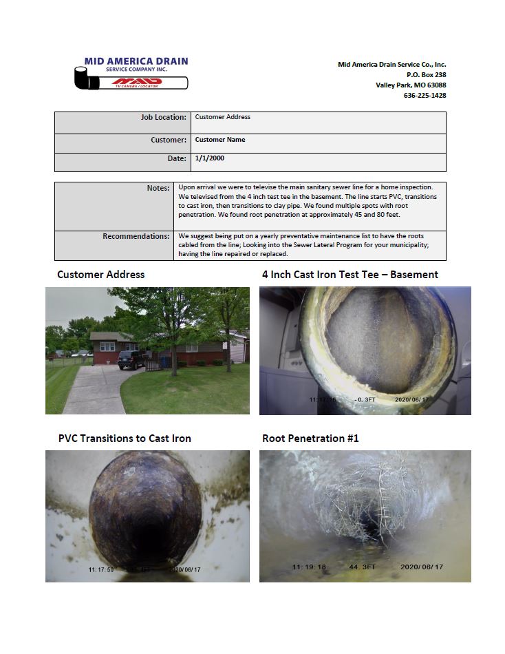 Camera Inspection Summary Example - Mid America Drain